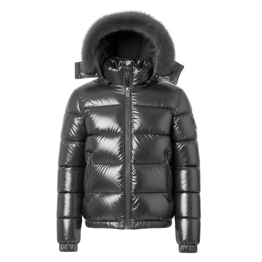 Wholesale Adult Shiny Bubble Jacket with Fur Hood in Dark Grey | Free ...