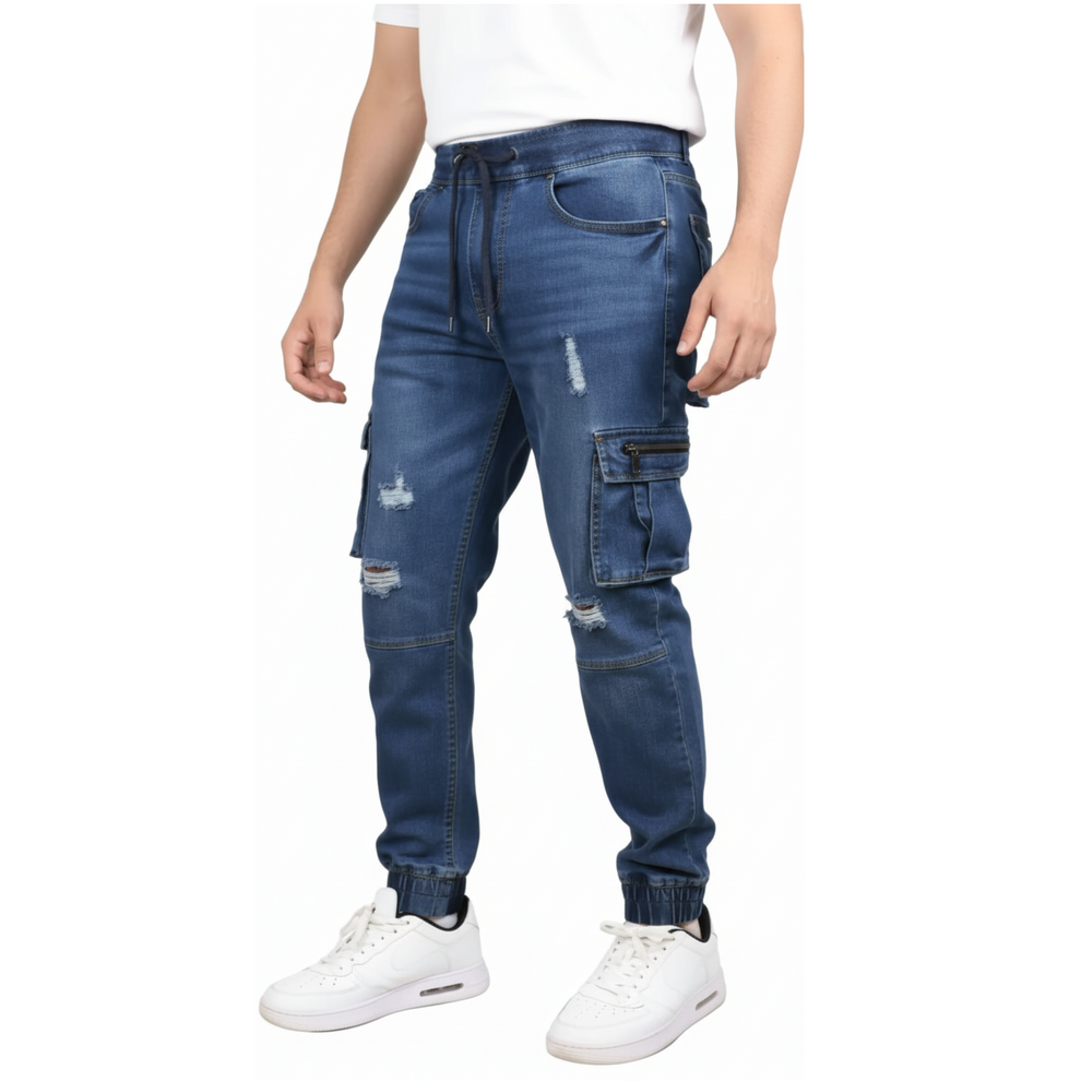 Wholesale Men’s Stretch Cargo Jogger Ripped Jeans in Dark Blue – Case ...