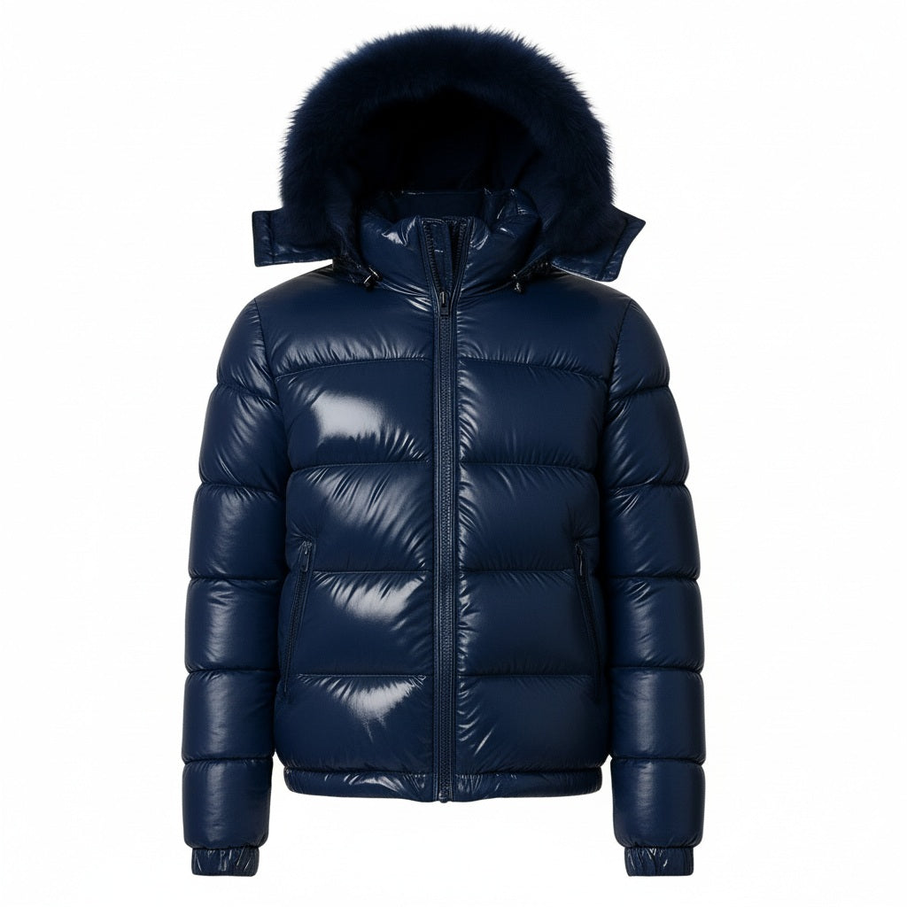 Wholesale Adult Shiny Bubble Jacket with Fur Hood in Navy | Free ...